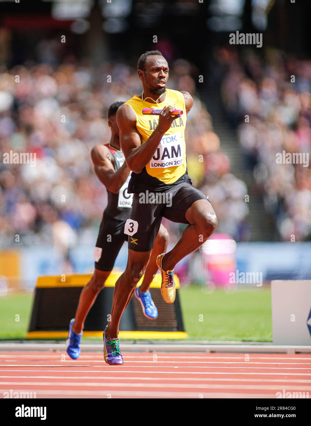 Usain Bolt participating in the 4x100m relay at the World Athletics ...