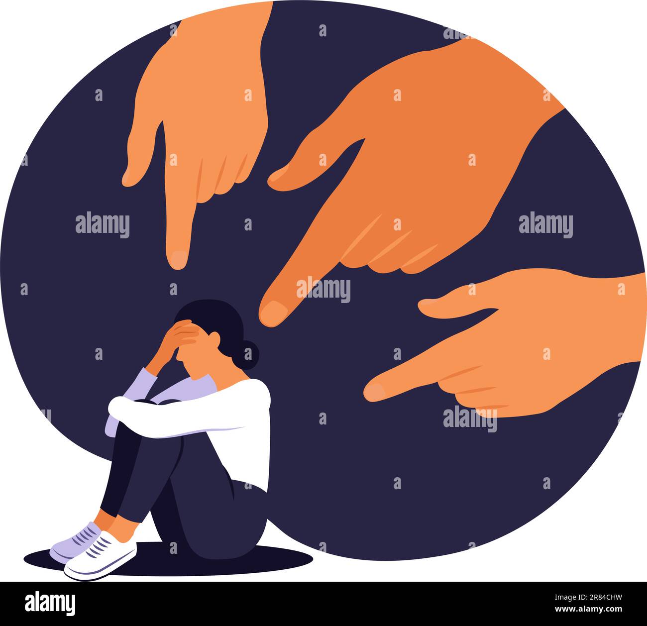 Bullying concept. Hands of people point to the girl. Non-confident ...