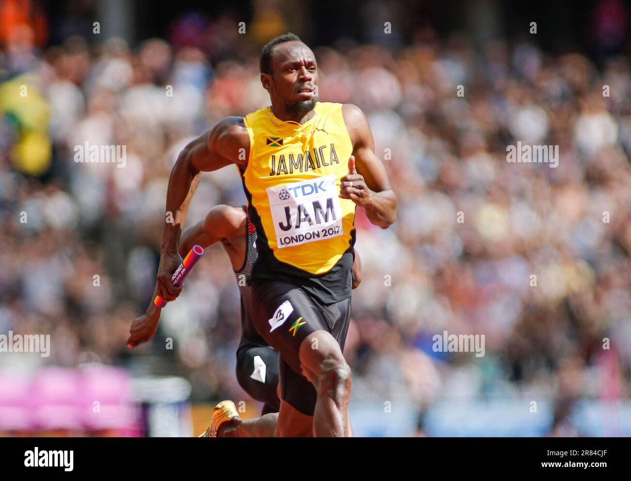 Usain Bolt participating in the 4x100m relay at the World Athletics ...