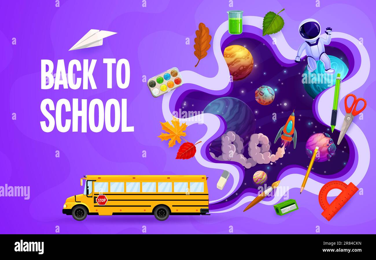 Paper cut back to school poster. Cartoon school bus, space planes and ...