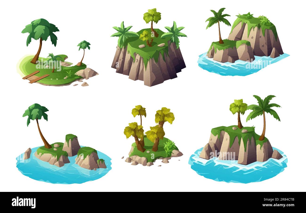 ui set vector illustration of island with palm trees and sea around ...