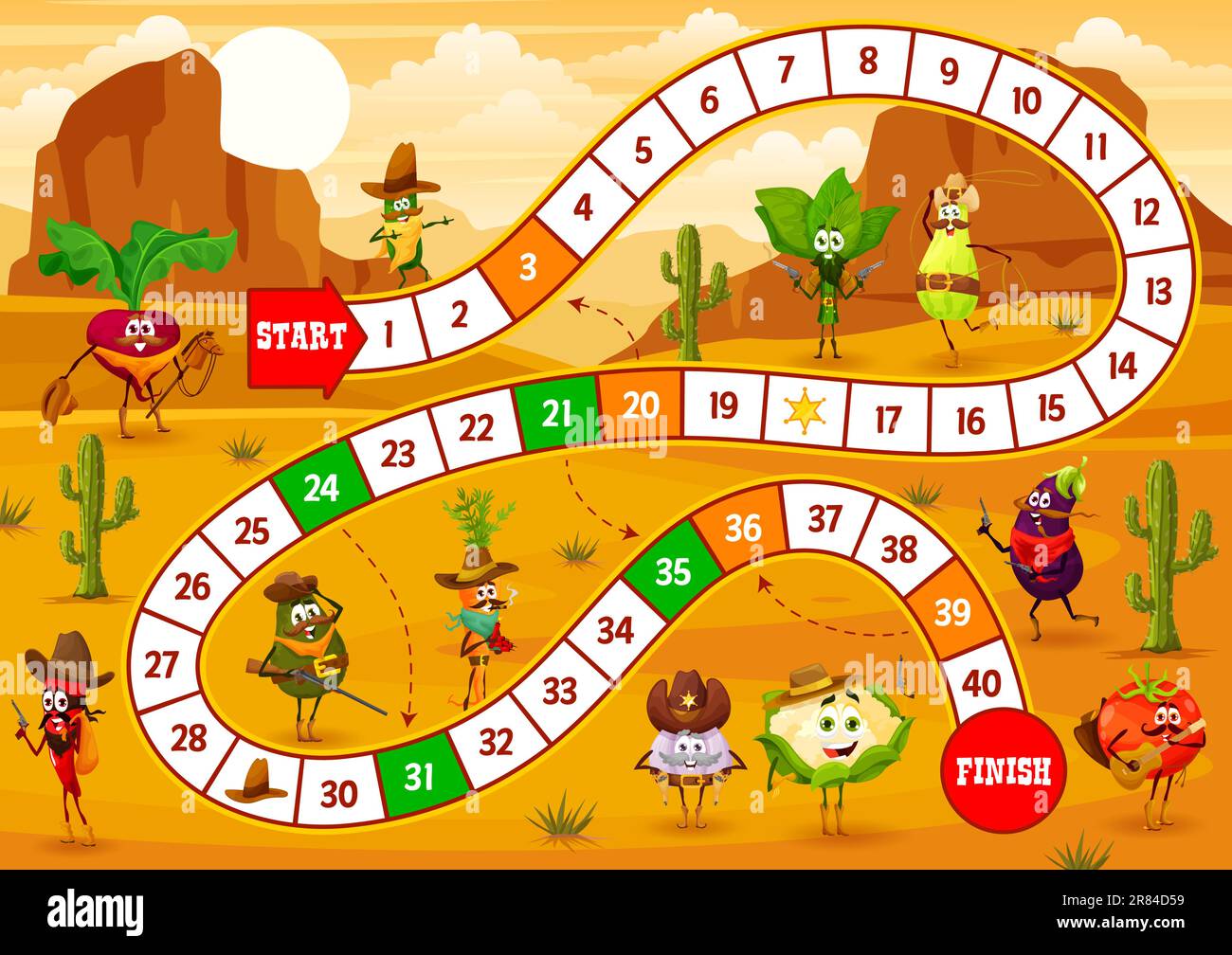 Kids step board game. Cartoon cowboy, bandit, sheriff and ranger ...