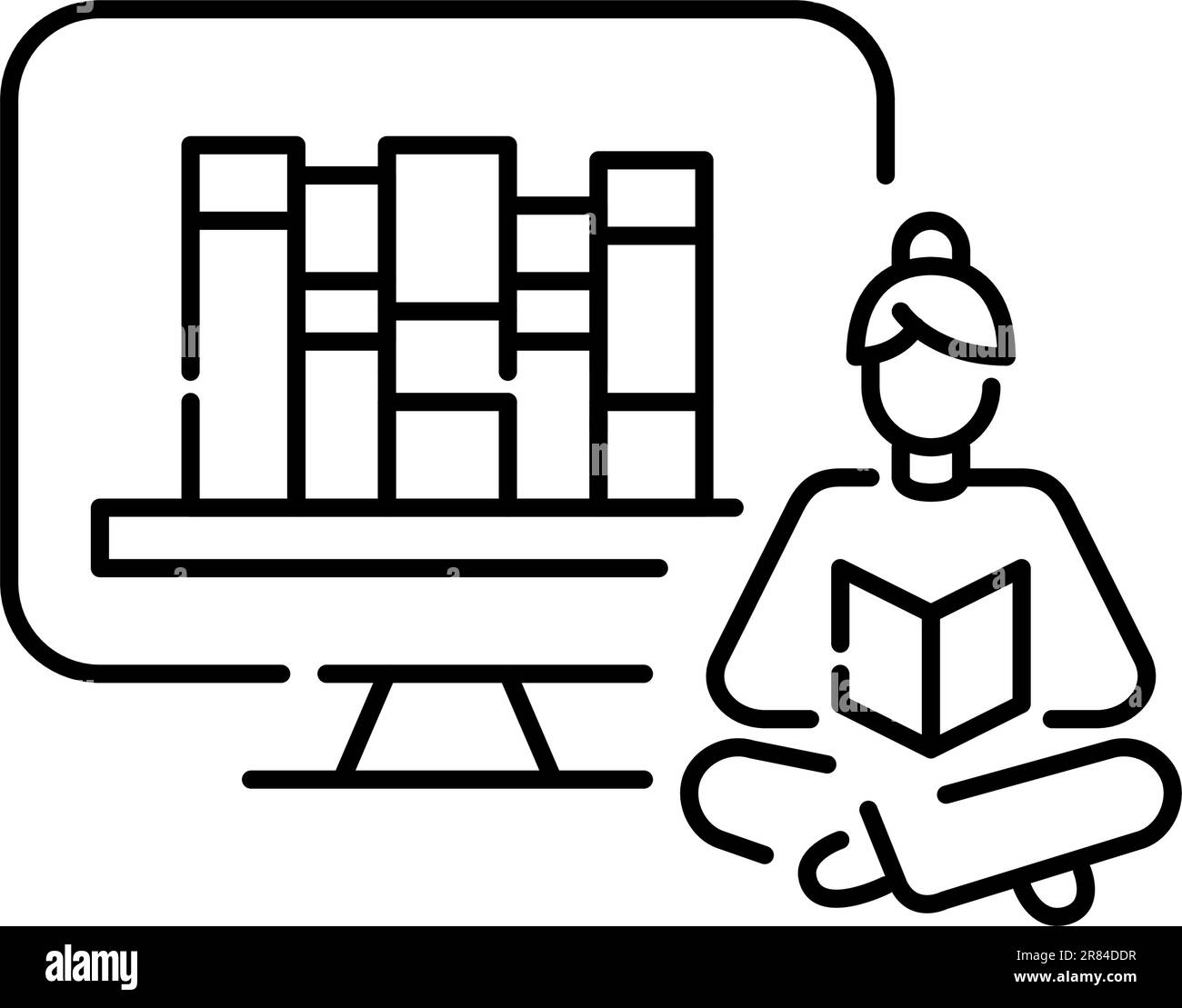 Electronic book library. Girl sitting comfortable with legs crossed ...