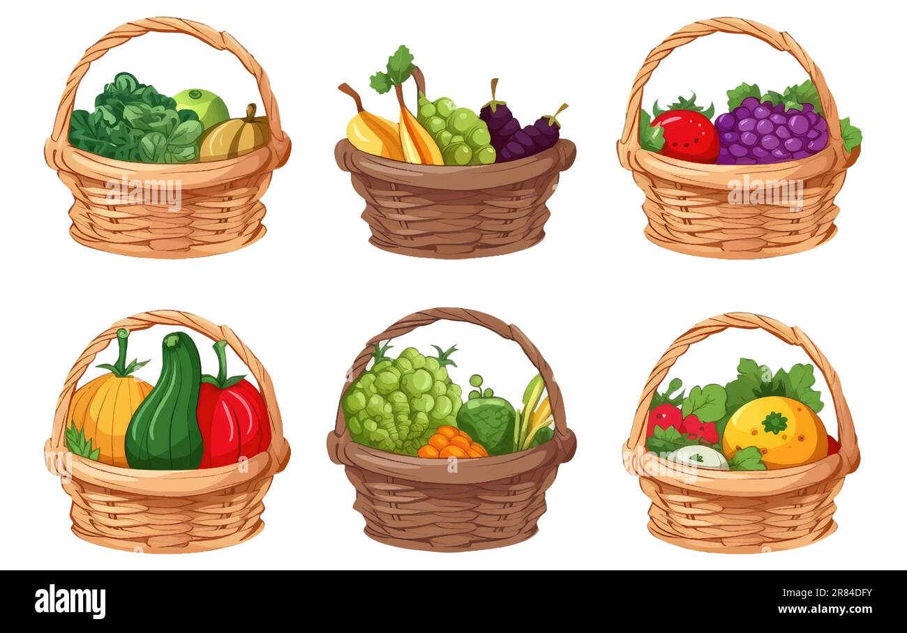 ui set vector illustration of fresh vegetables in basket isolated on ...