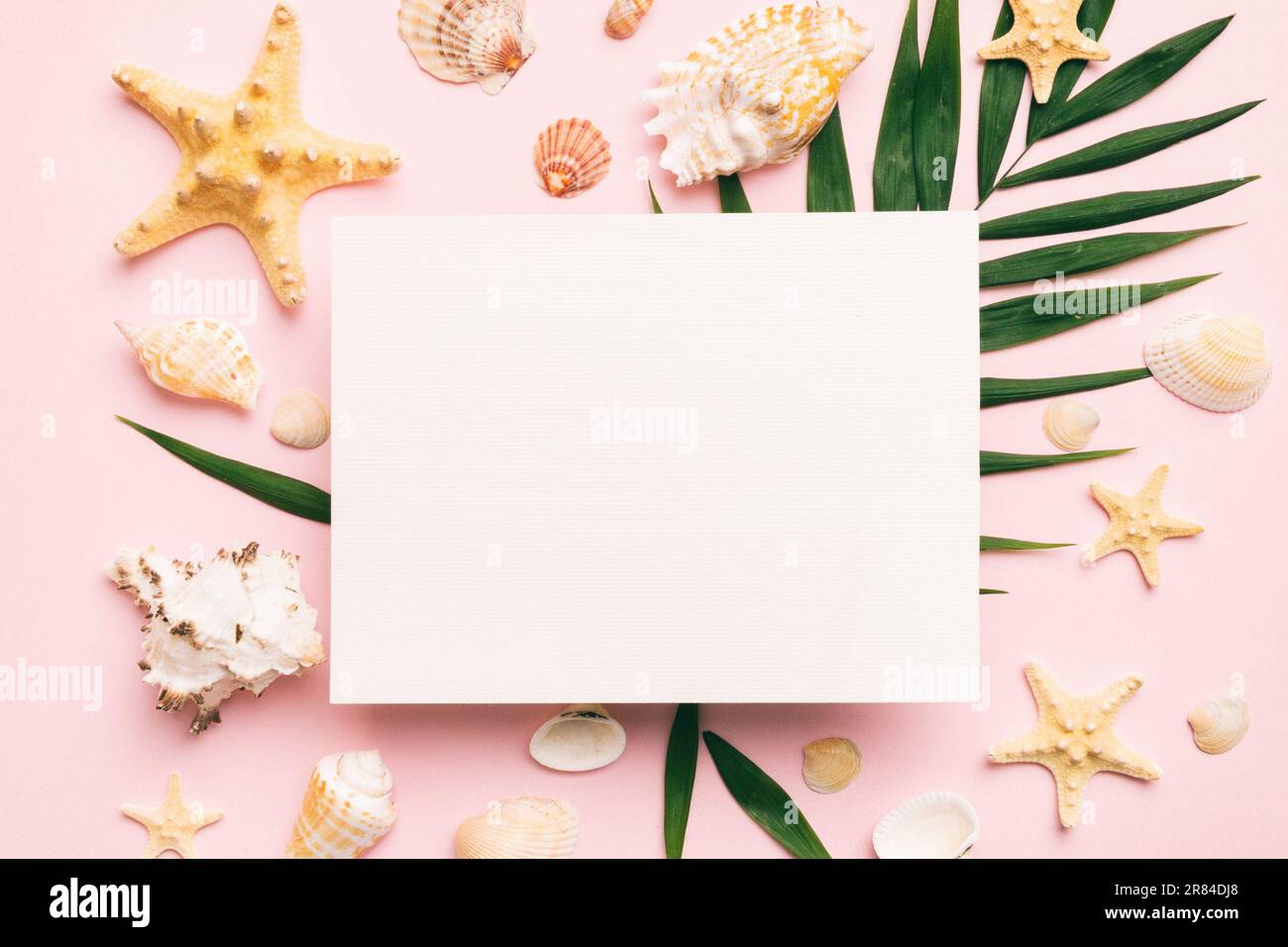 Summer time concept with blank greeting card and blank white paper on ...