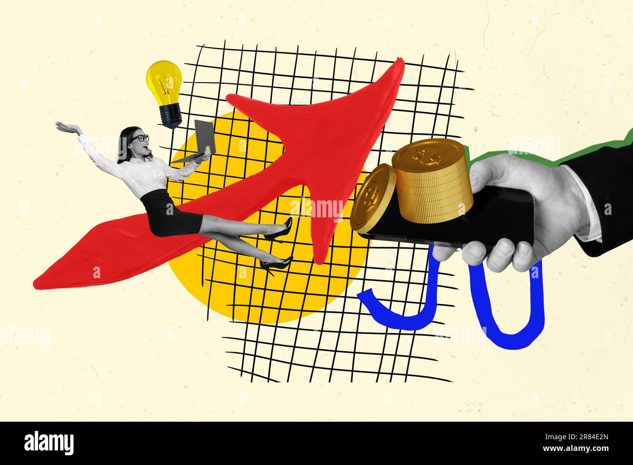 Creative trend collage of excited businesswoman entrepreneur riding ...