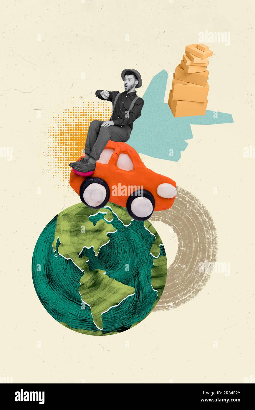 Composite collage picture image of young man driving car planet earth ...