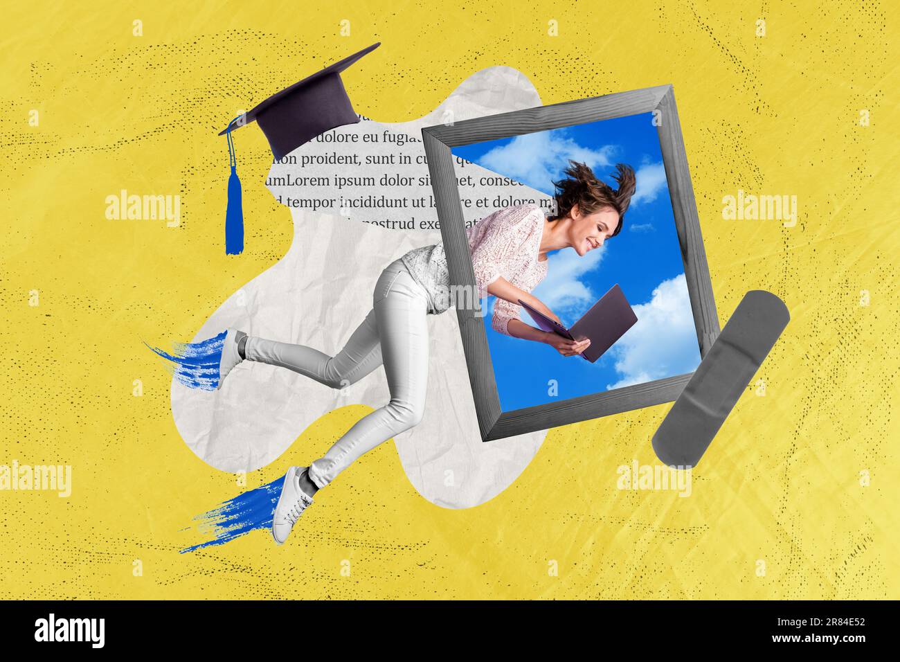 Collage advert artwork of young funny woman hold netbook photozone ...