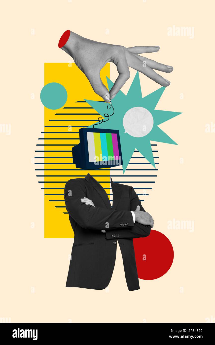 Composite collage image of man crossed hands propaganda victim monitor ...