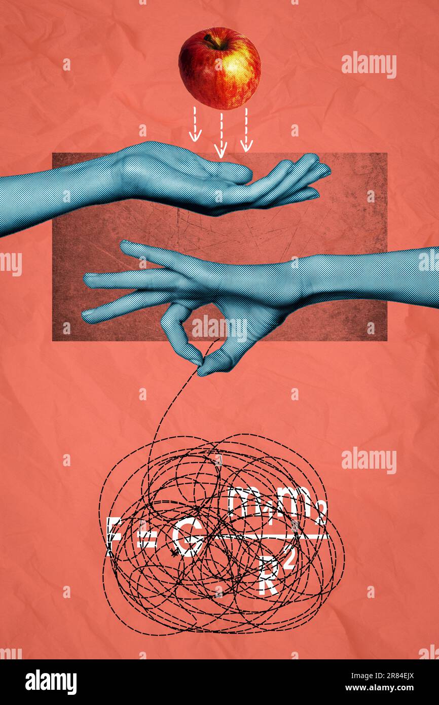 Composite collage image of hands holding apple tangled string smart ...
