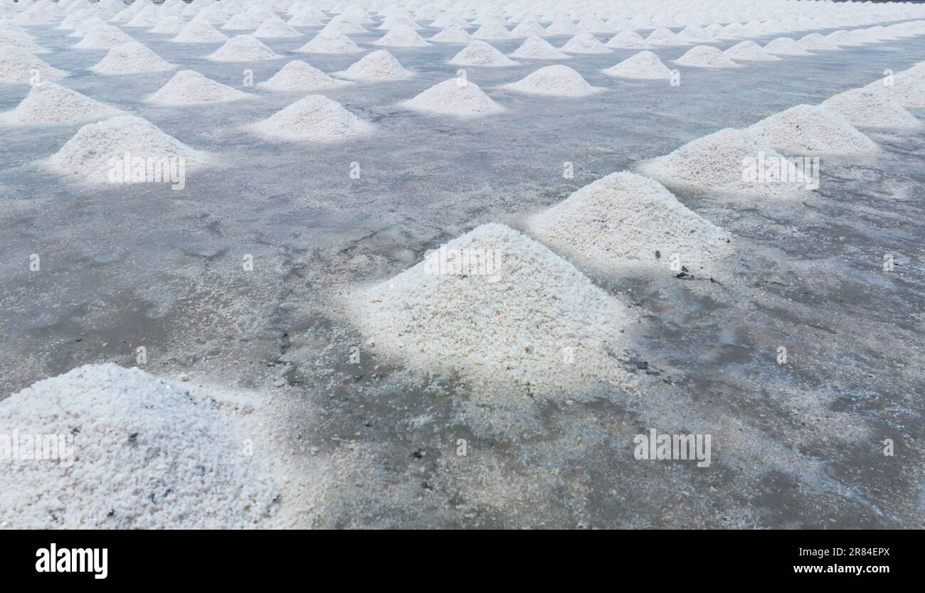 Sea salt farm. Pile of brine salt. Raw material of salt industrial ...