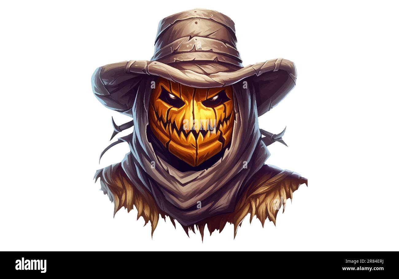 Halloween pumpkin scarecrow on a white background with the moon on a ...