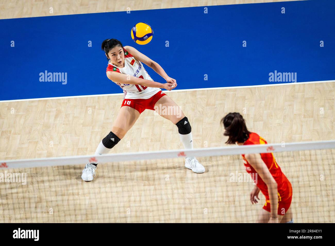 Wang Mengjie (#18) of China seen in action during the preliminary match of FIVB Volleyball ...