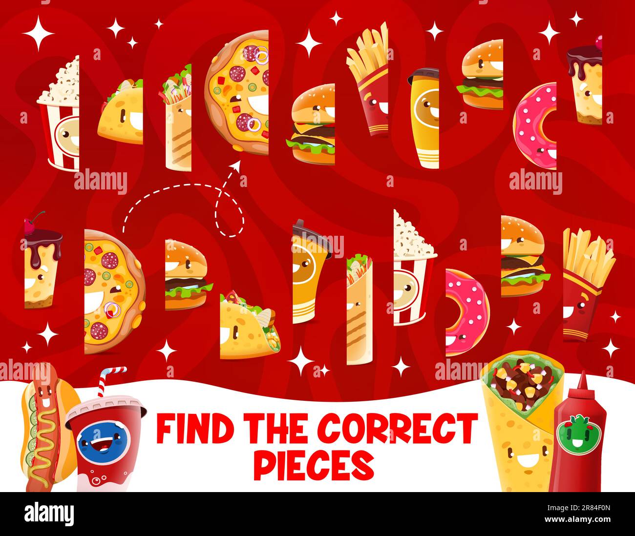 Find correct pieces of cartoon takeaway fast food characters, vector ...