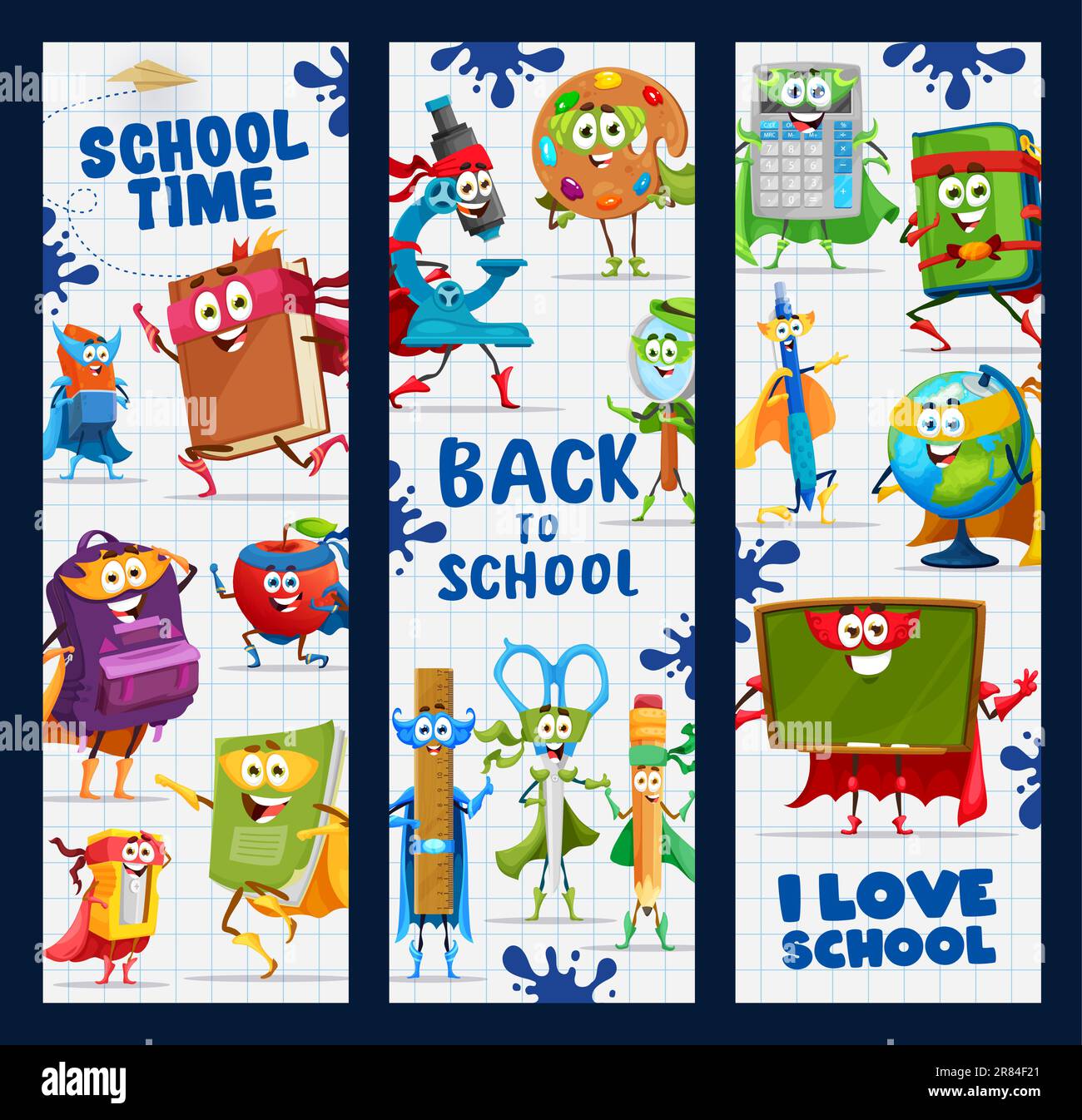 Back to school banners with cartoon stationery superhero characters ...