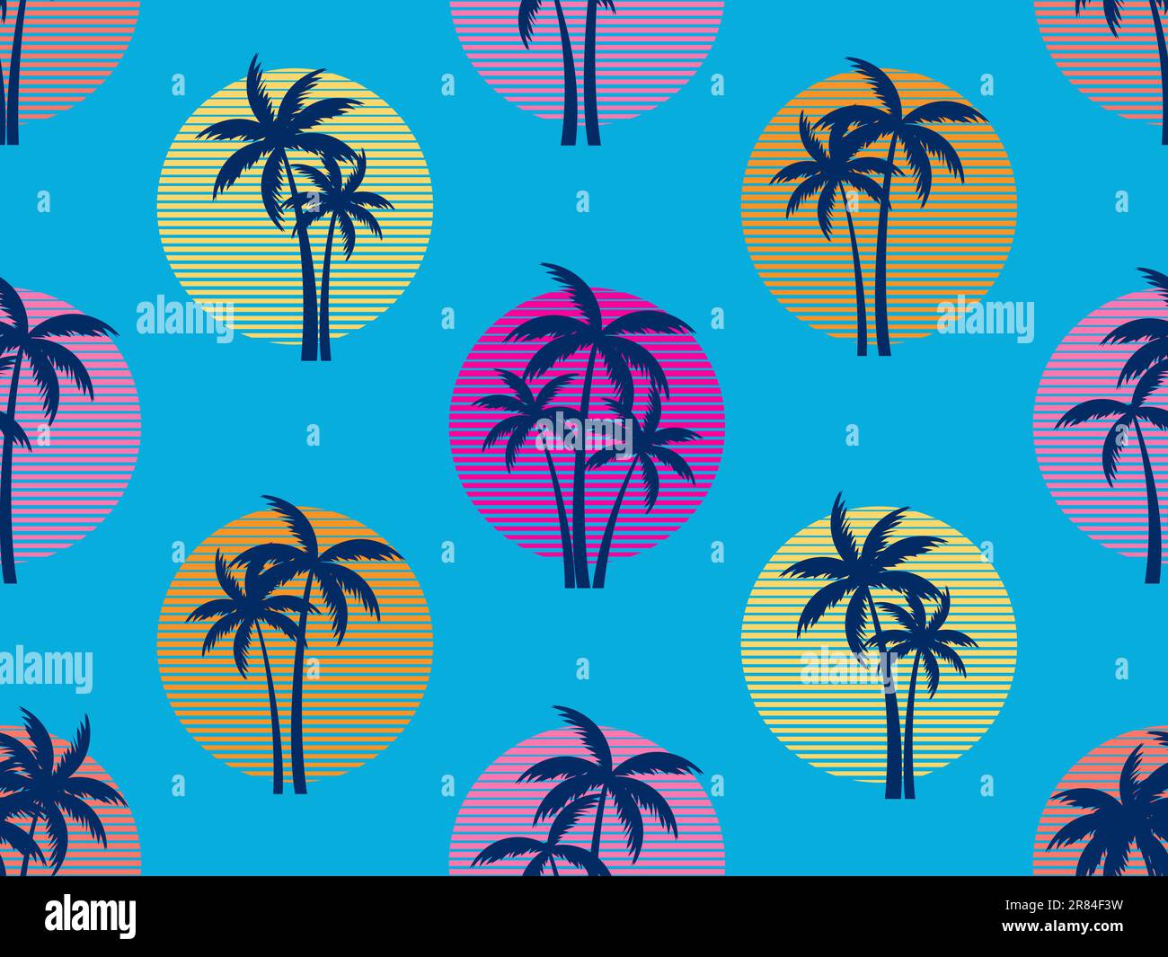 Seamless pattern with palm trees at sunset 80s retro style. Summer time ...