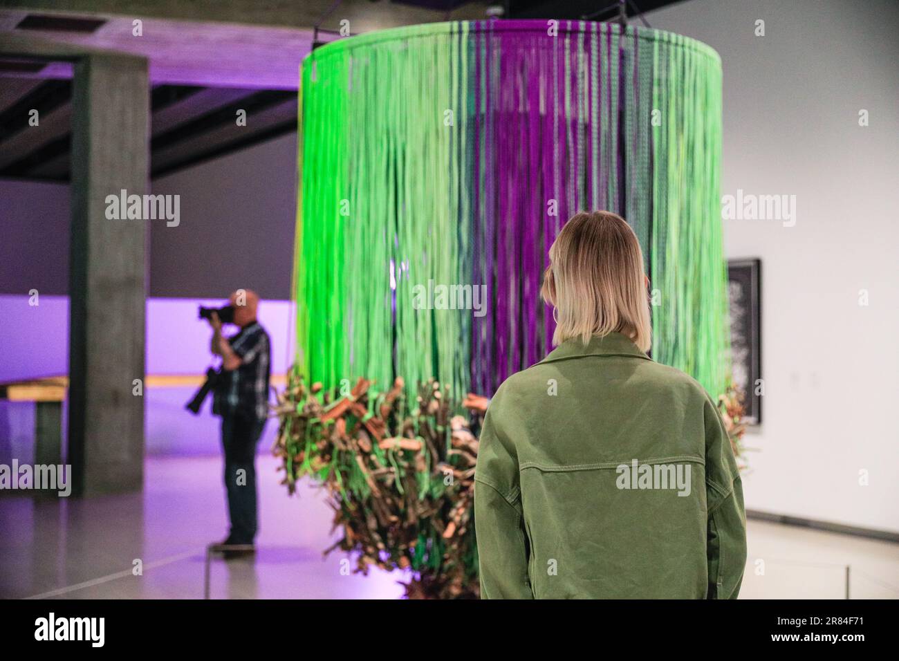 London, UK. 19th June, 2023. Gallery staff with Andrea Bowers ...