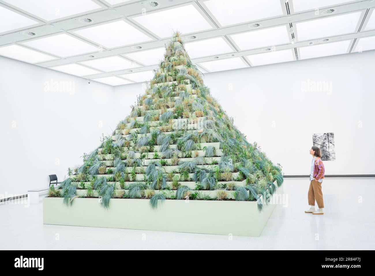 London, UK. 19th June, 2023. A visitor poses with Agnes Denes 'Pascal's ...
