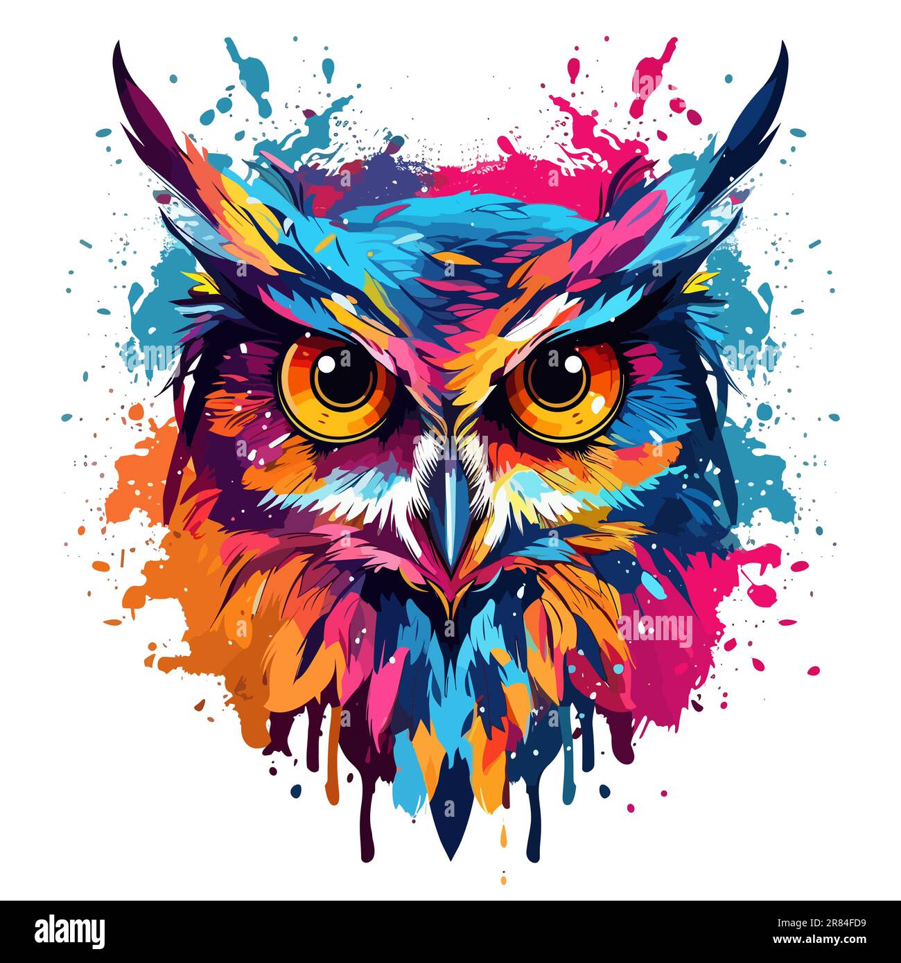 Owl head vibrant painting with colorful brush splashes, vector ...