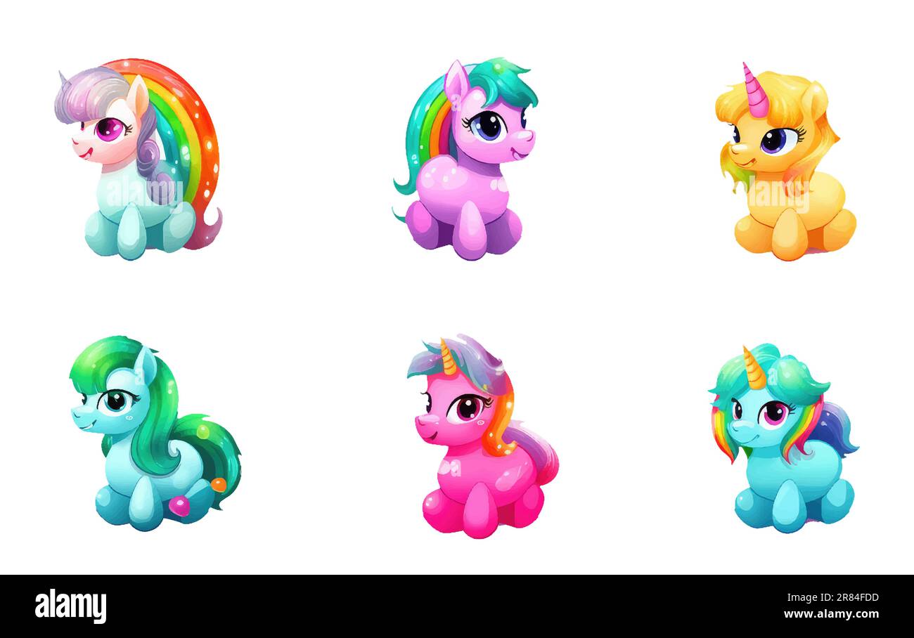 ui set vector illustration of cute different magic pony unicorn ...