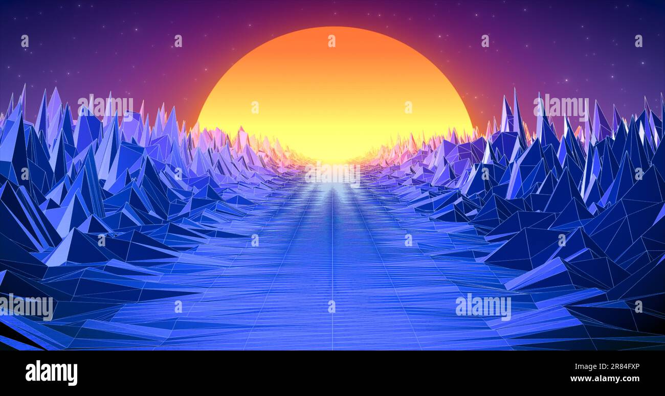 Abstract purple blue retro landscape in old 80s, 90s style with road ...