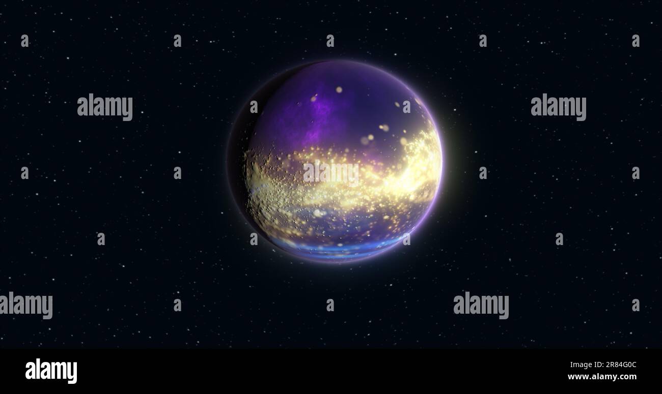 Abstract realistic planet purple hi-tech luminous round sphere in space ...