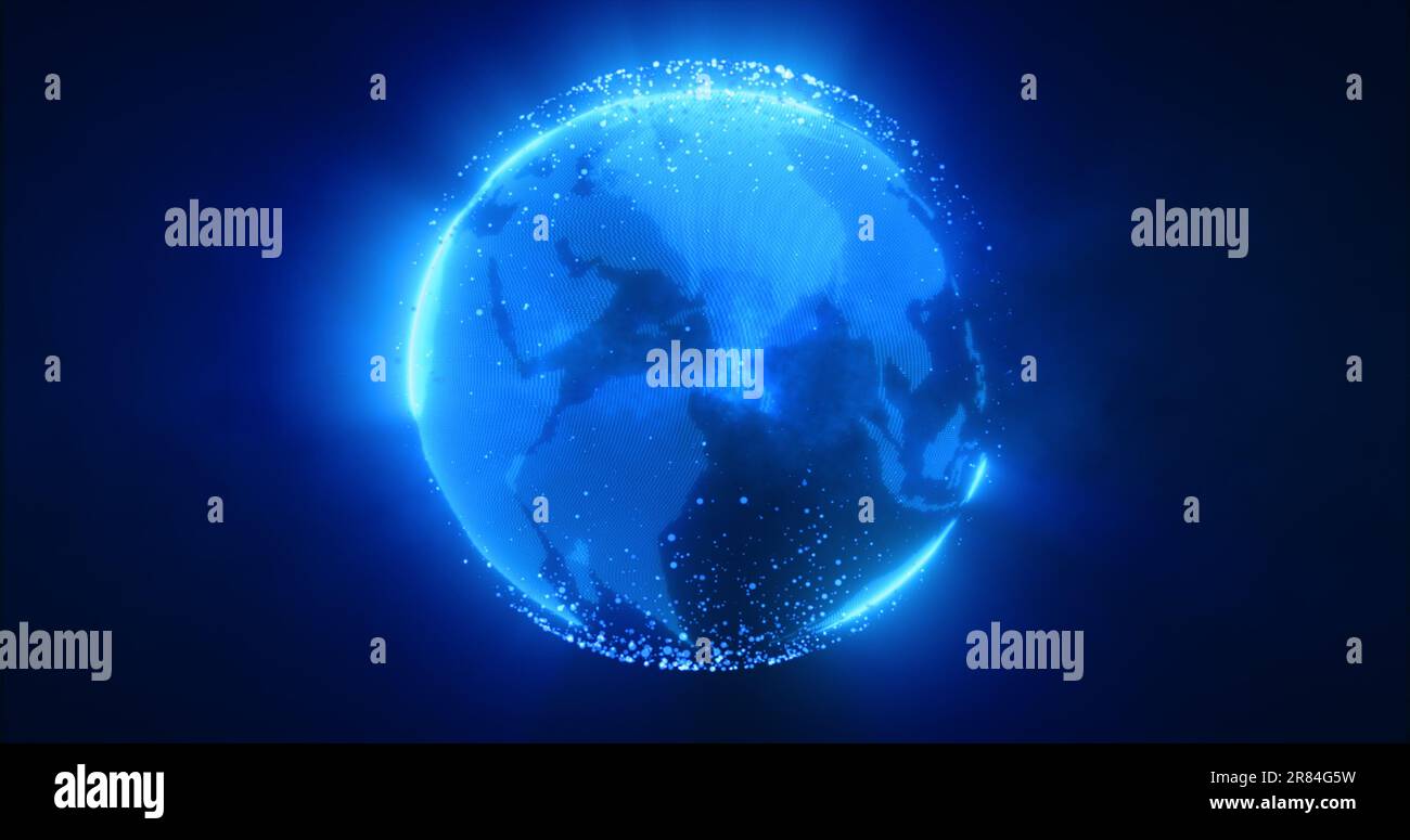 Abstract blue planet earth spinning with futuristic high-tech particles ...
