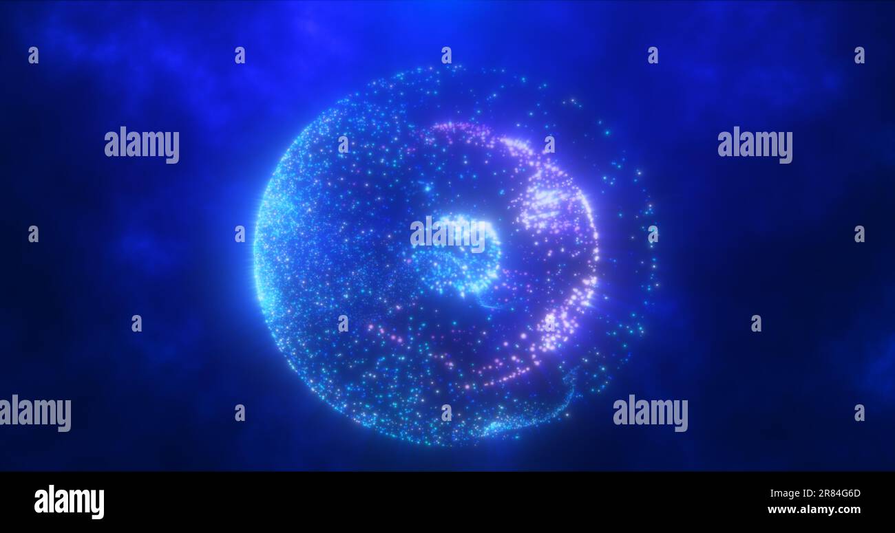 Abstract round blue and purple sphere made of flying particles glowing ...