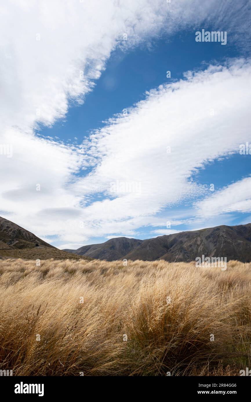 Long clouds over mountains and tussock, Lake Tennyson, near Hanmer ...