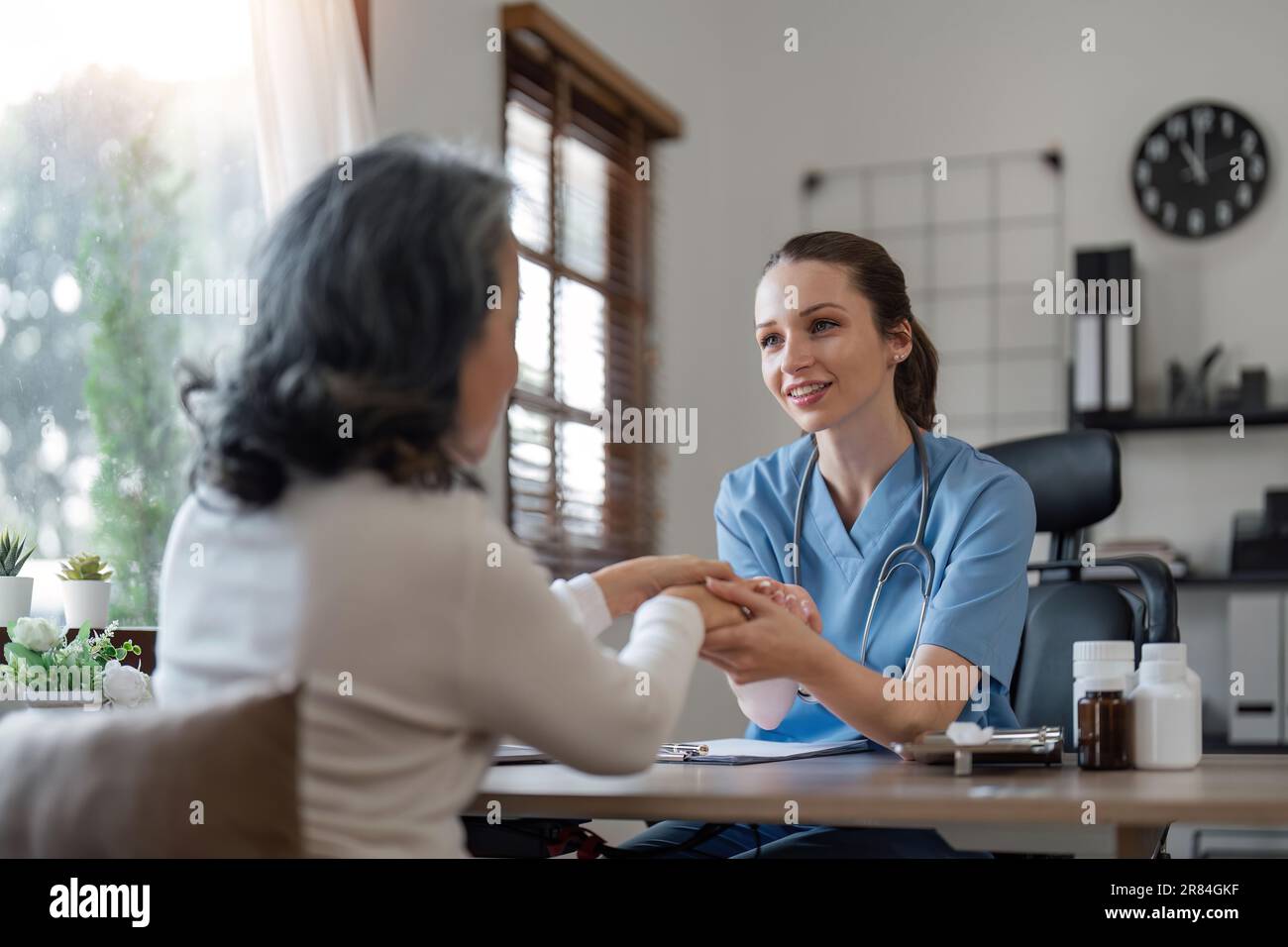 Senior care, healthcare insurance and caregiver woman sitting with ...