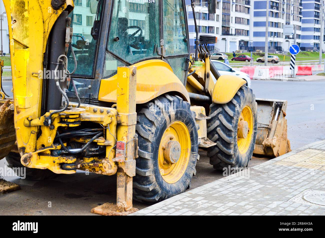 Big bright yellow powerful industrial heavy excavator tractor ...