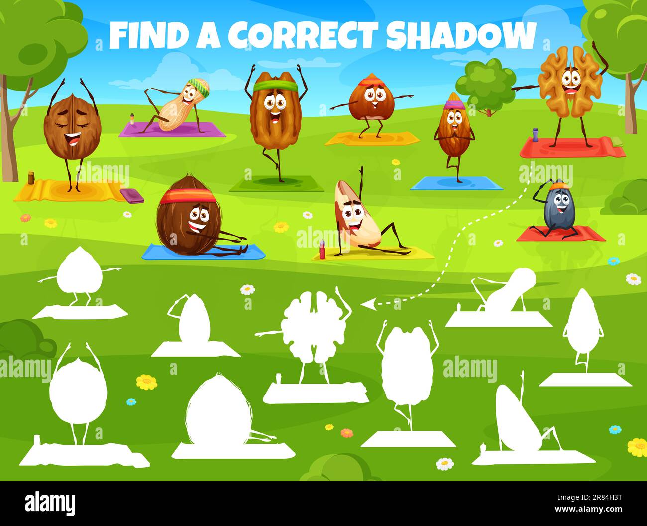 Find a correct shadow of cartoon nut character on yoga fitness sport ...