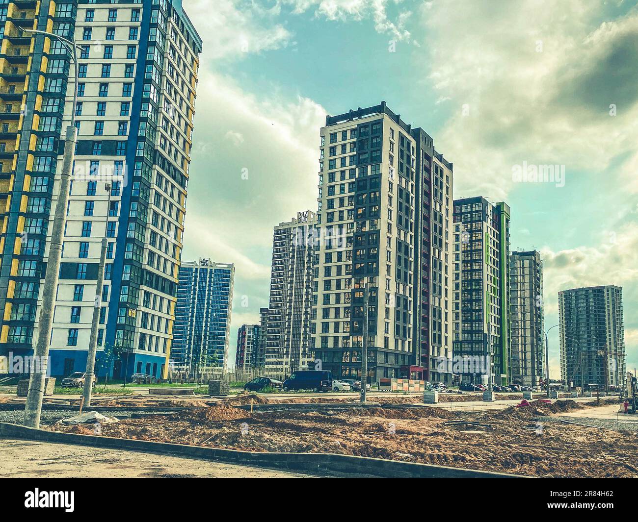 construction of a new residential area in the city center. high-rise ...