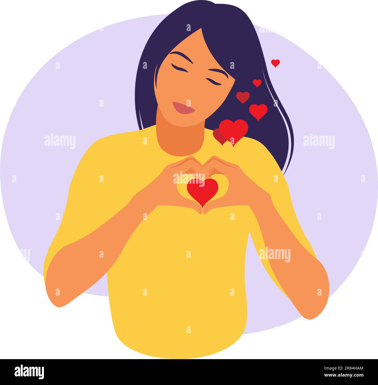 Self-love concept. Young girl making hand heart symbol with her fingers ...