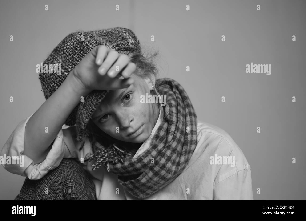 Orphanage. teen girl in retro male suit. retro fashion model. Vintage ...