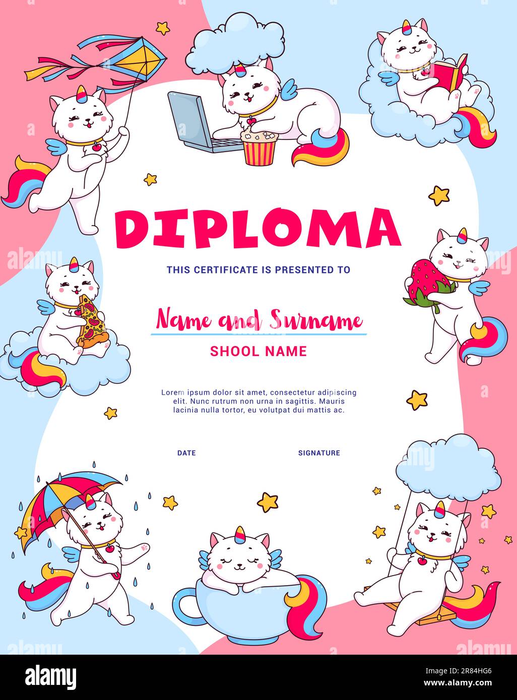 Kids diploma cartoon cute caticorn characters. Vector childish honor ...