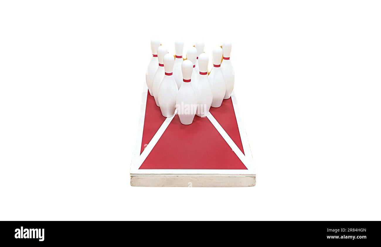 Bowling pins on top of a cornhole game board with a white background ...