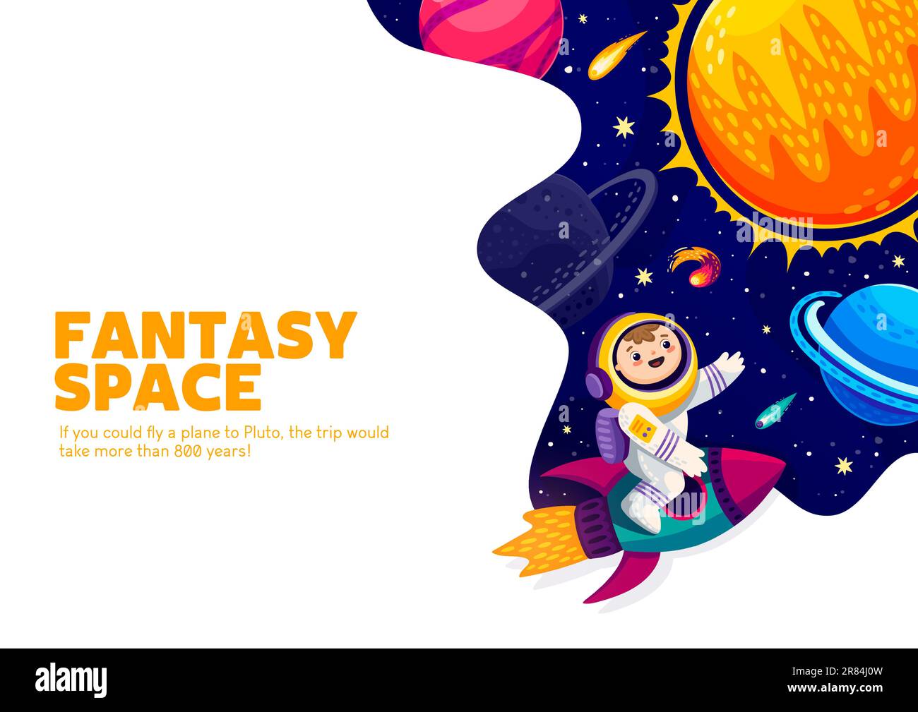 Cartoon space poster with solar system and astronaut on rocket. Galaxy ...