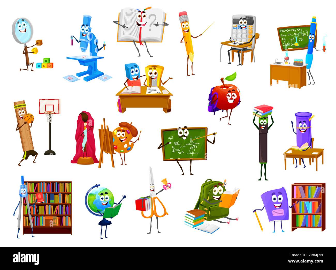 School supply stationery characters. Cartoon vector set funny apple ...