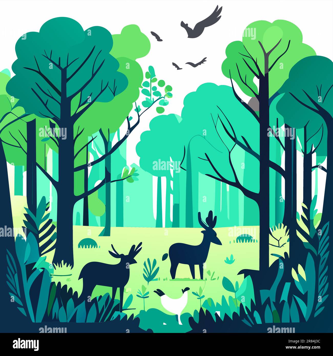 Background with deciduous forest, birds and deer. Vector illustration ...