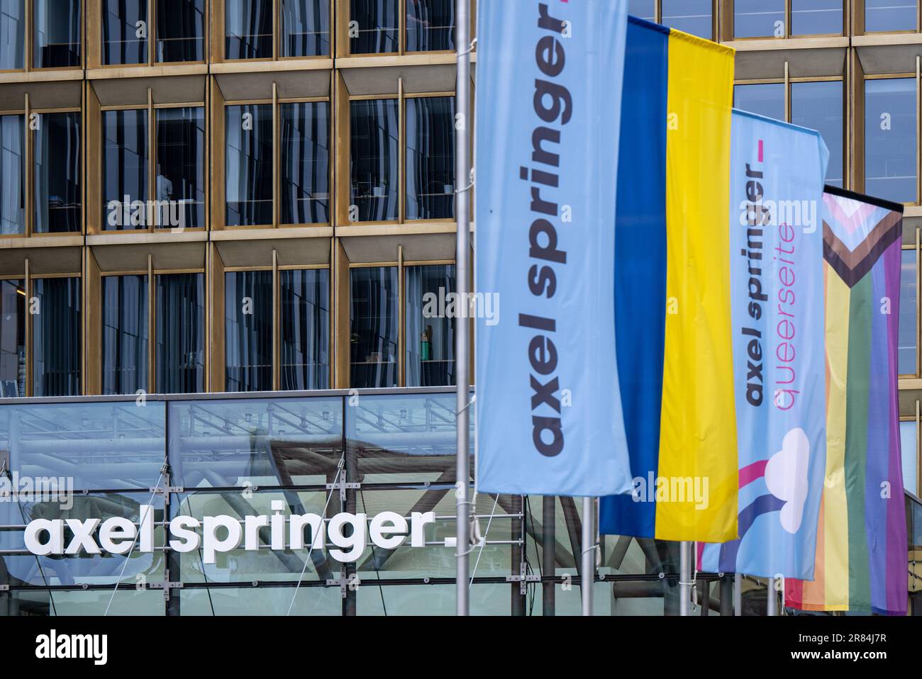 Berlin, Germany. 19th June, 2023. Flags with the lettering of the Axel ...