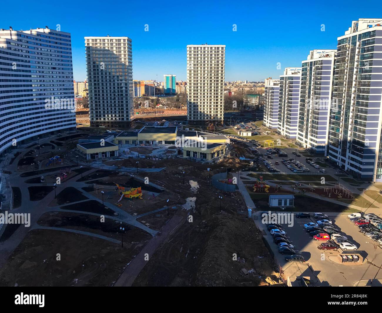 View of the new beautiful residential complex from new buildings with ...