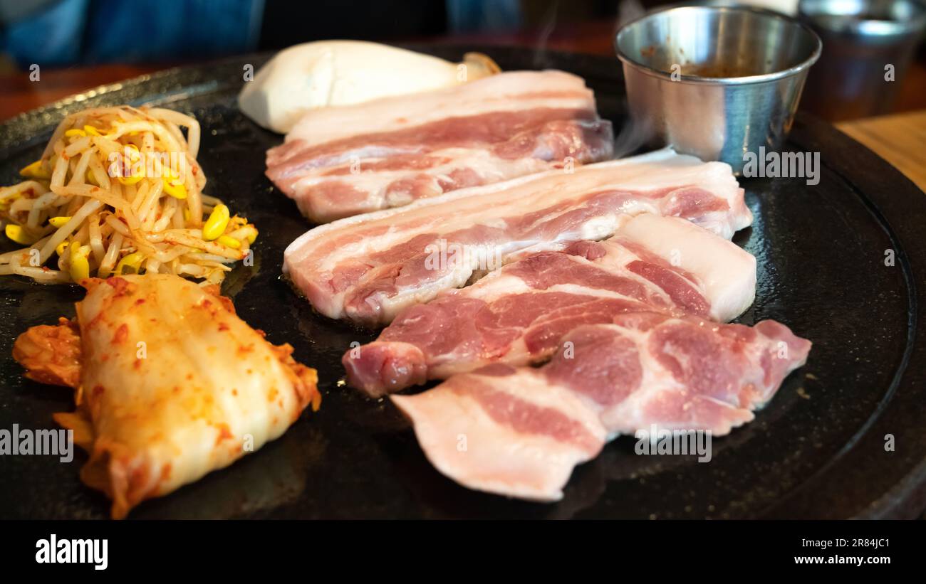 Pan-fried black pork meal in Jeju Korean restaurant, fresh delicious ...