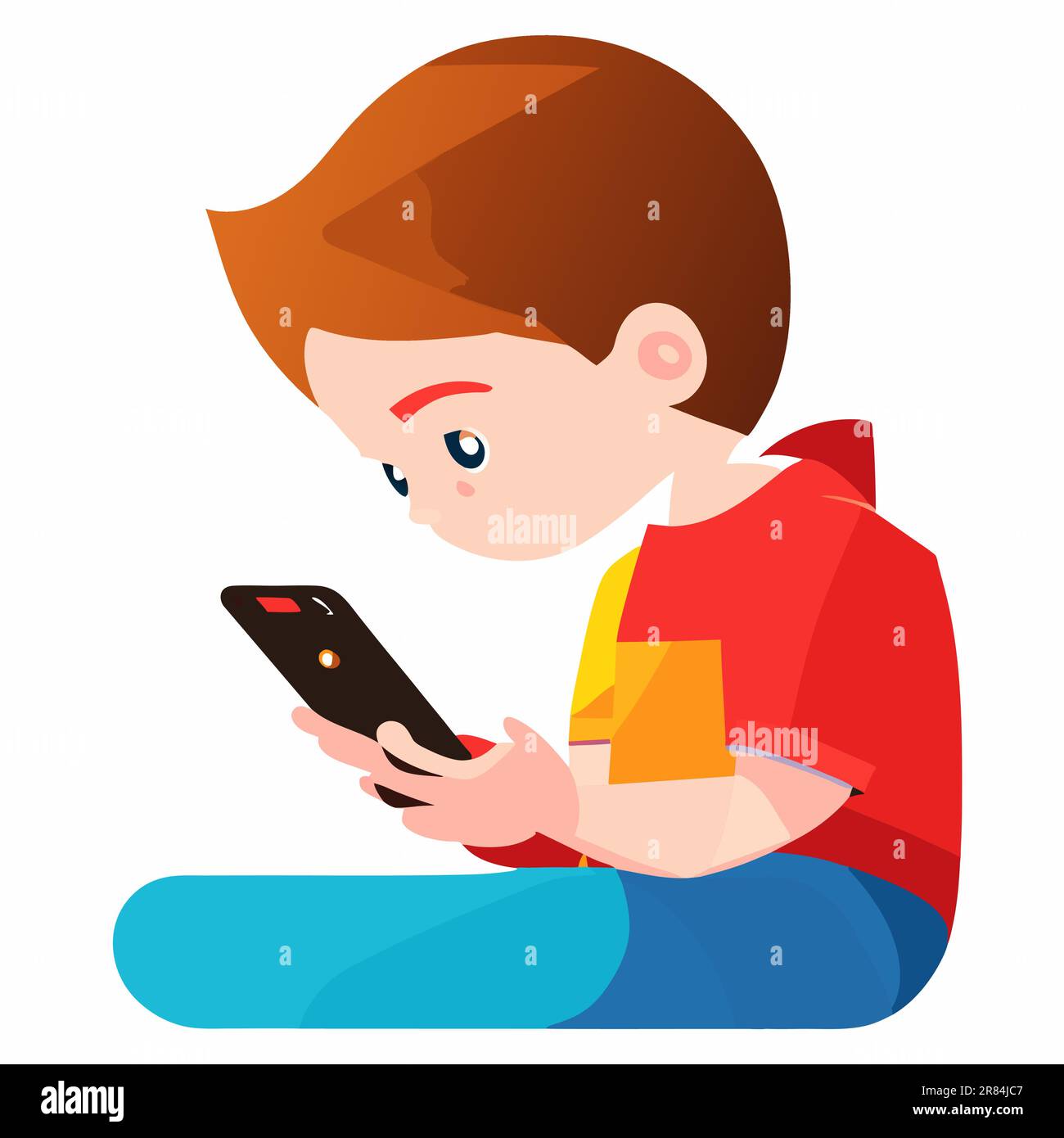 Young boy uses his phone vector illustration isolated on white, phone ...