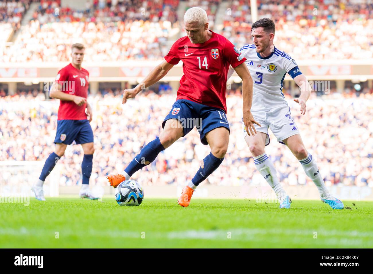 Oslo 20230617.Norway's Julian Ryerson and Scotland's Andrew Robertson ...