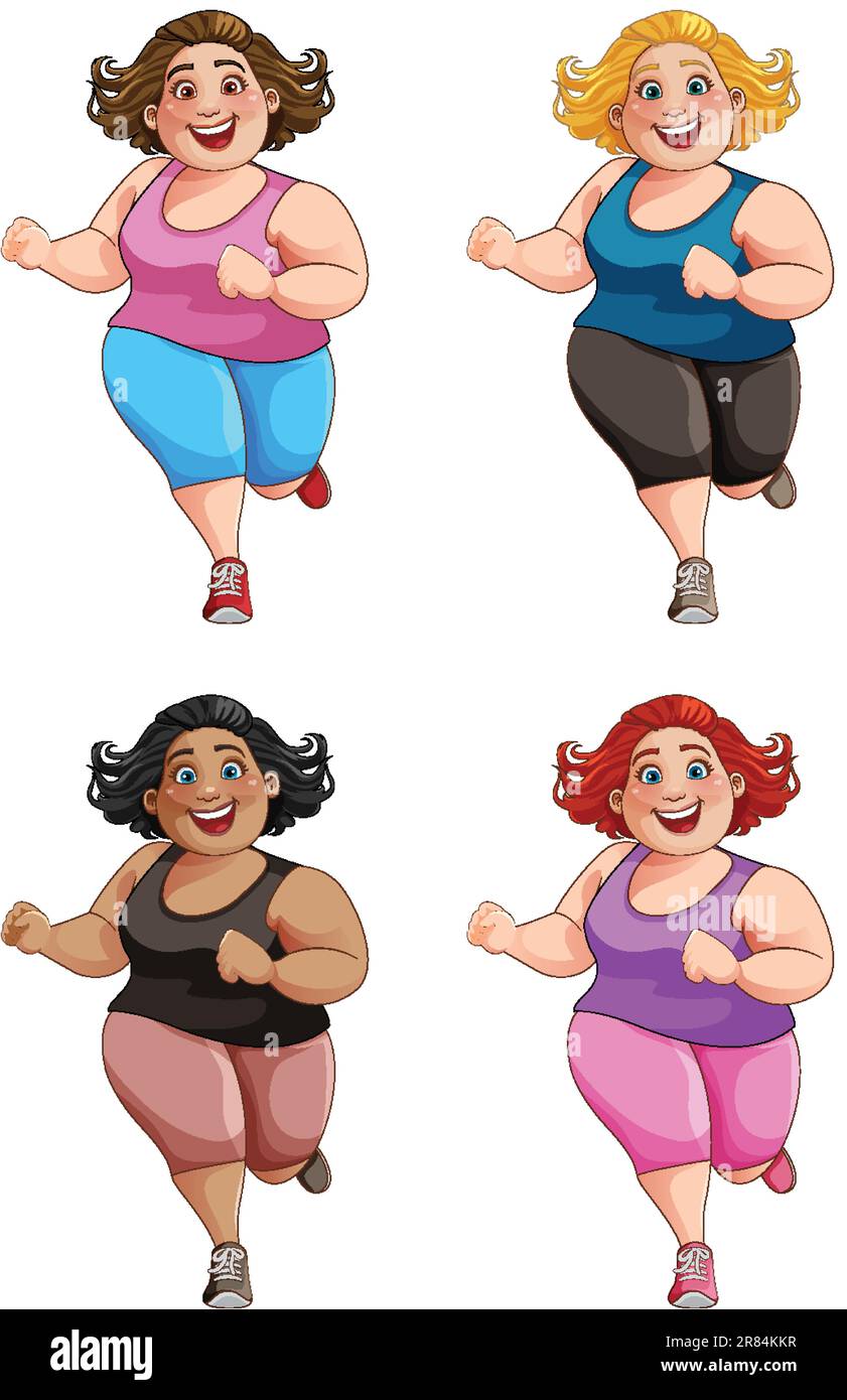 Chubby Women Running Exercise Collection illustration Stock Vector ...