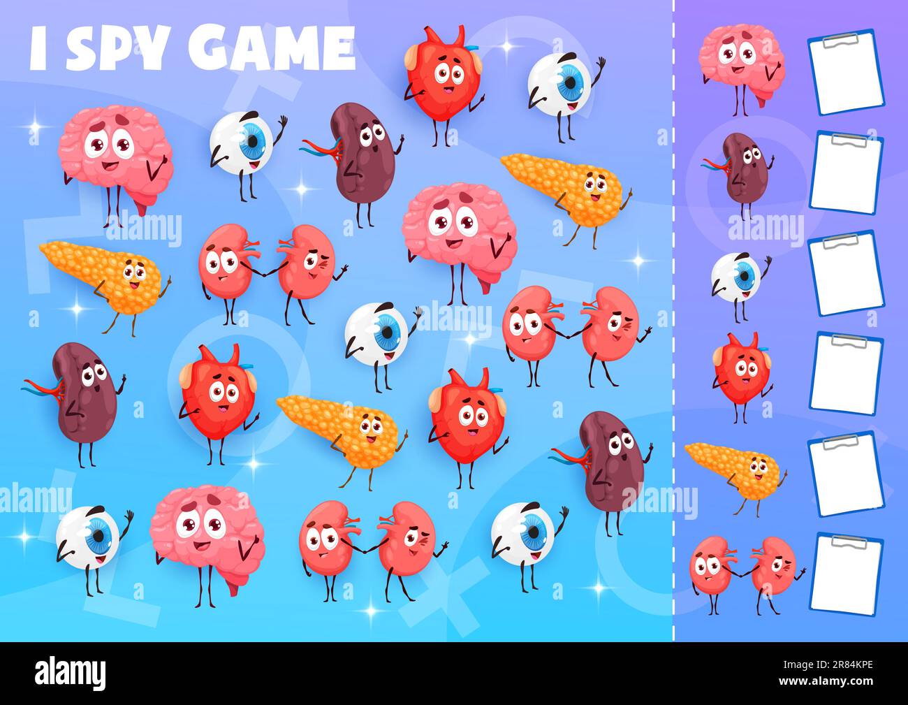 I spy game worksheet cartoon human organ characters. Kids vector ...