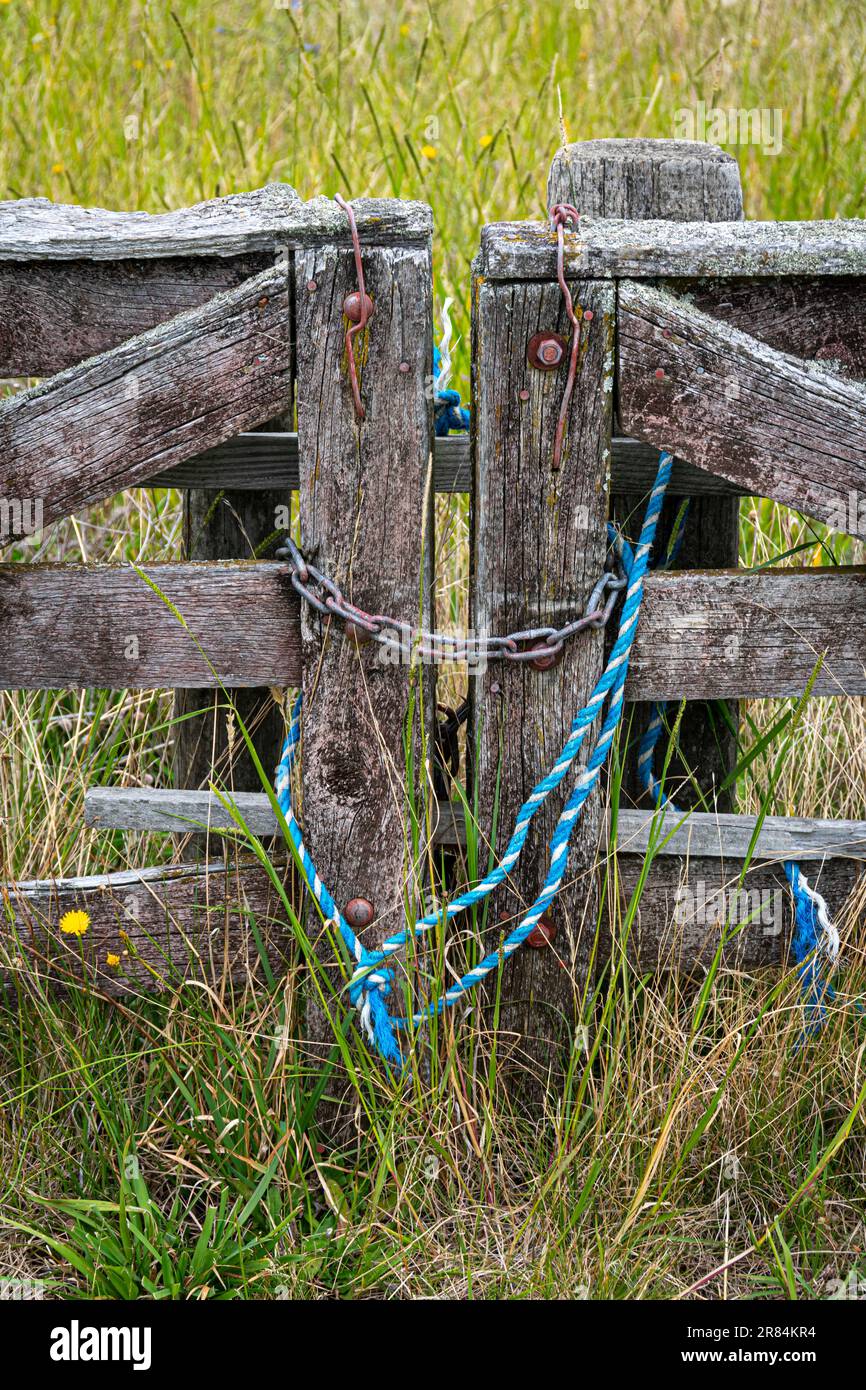 Closed gates with chains and ropes, Chaytors Mill, near Blenheim ...