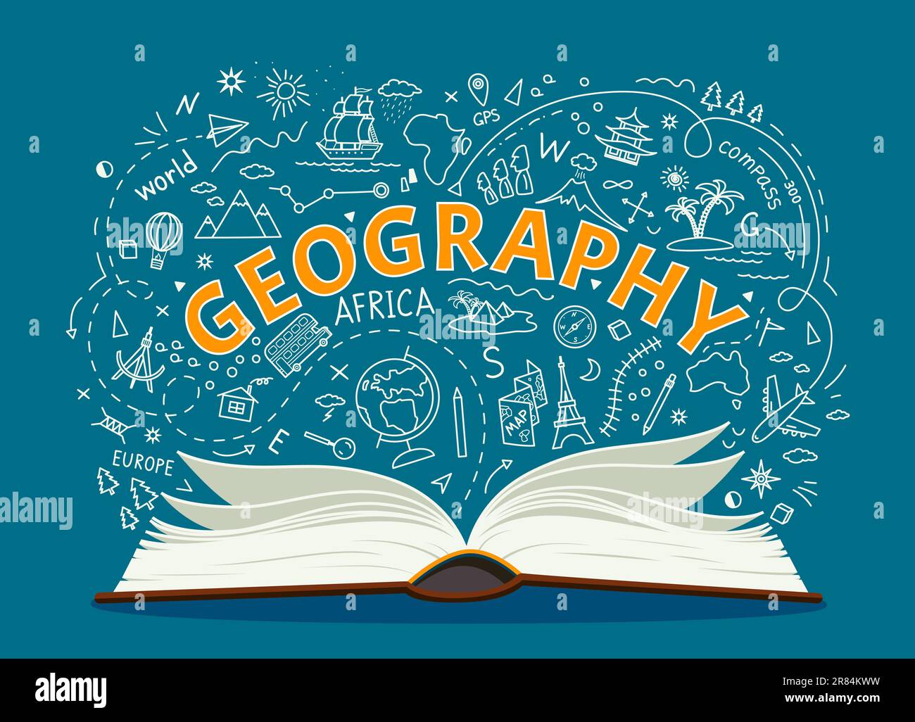 Geography textbook and symbols of education on school book, vector ...