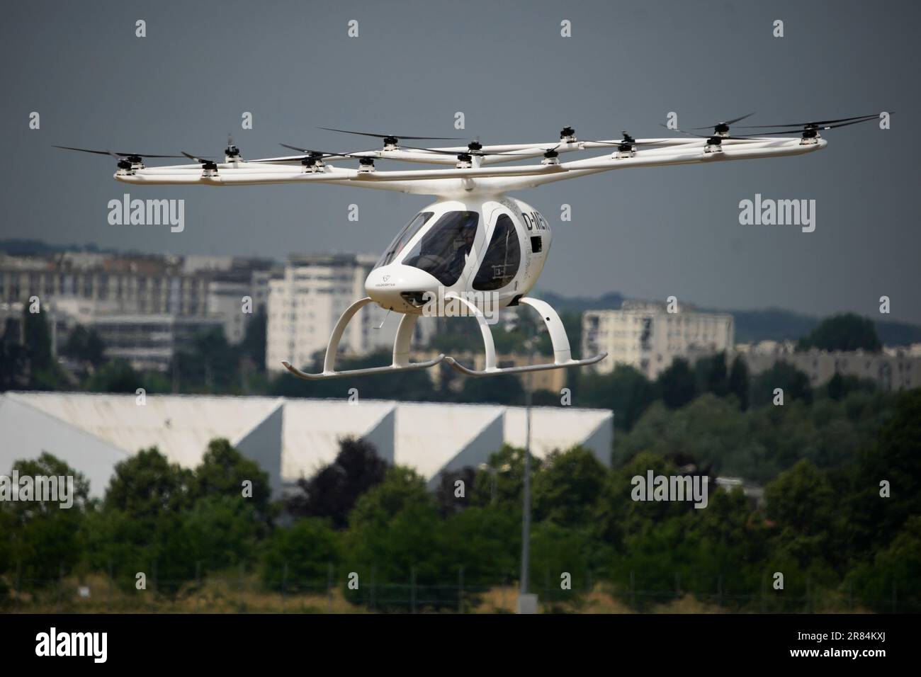 The Volocopter 2X, an electric vertical takeoff and landing multicopter ...